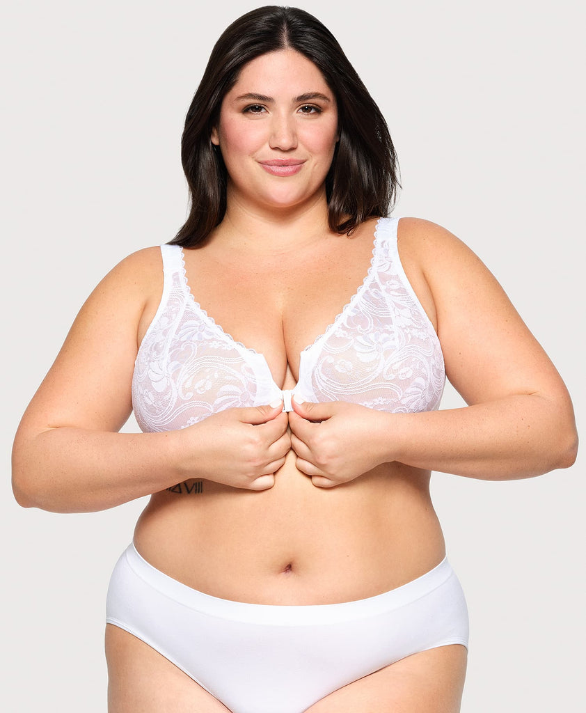 Glamorise WonderWire Front-Closure Stretch Lace Underwire Bra White 9245